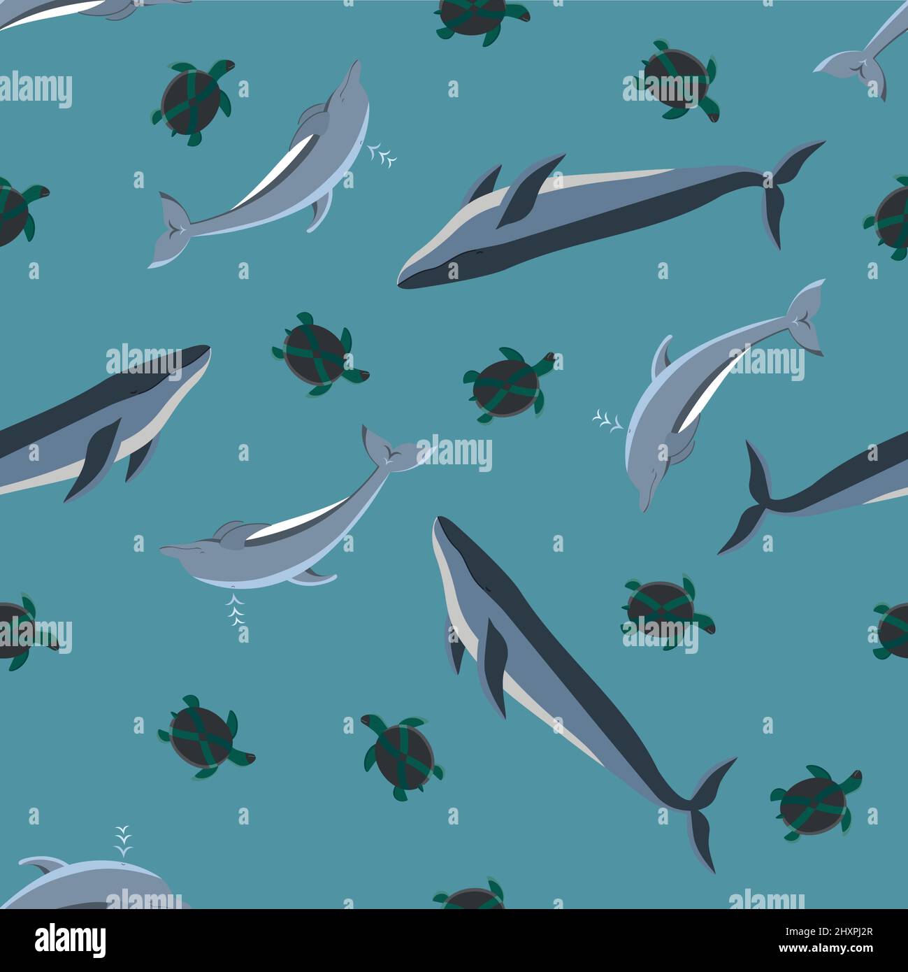 Cute kids seamless pattern with whales, dolphins and turtles, made in ...