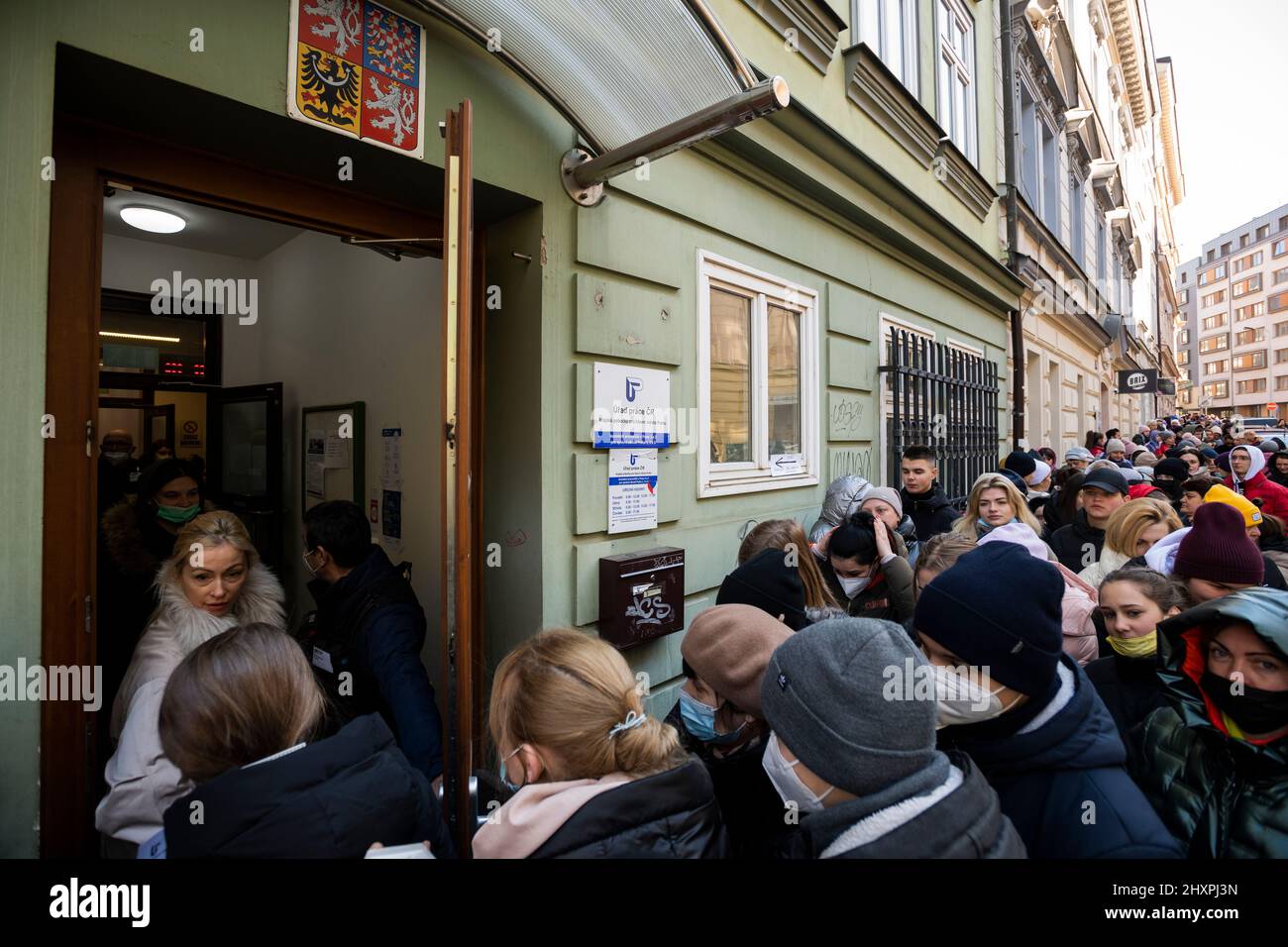 Prague, Czech Republic. 14th Mar, 2022. War refugees from Ukraine queue ...