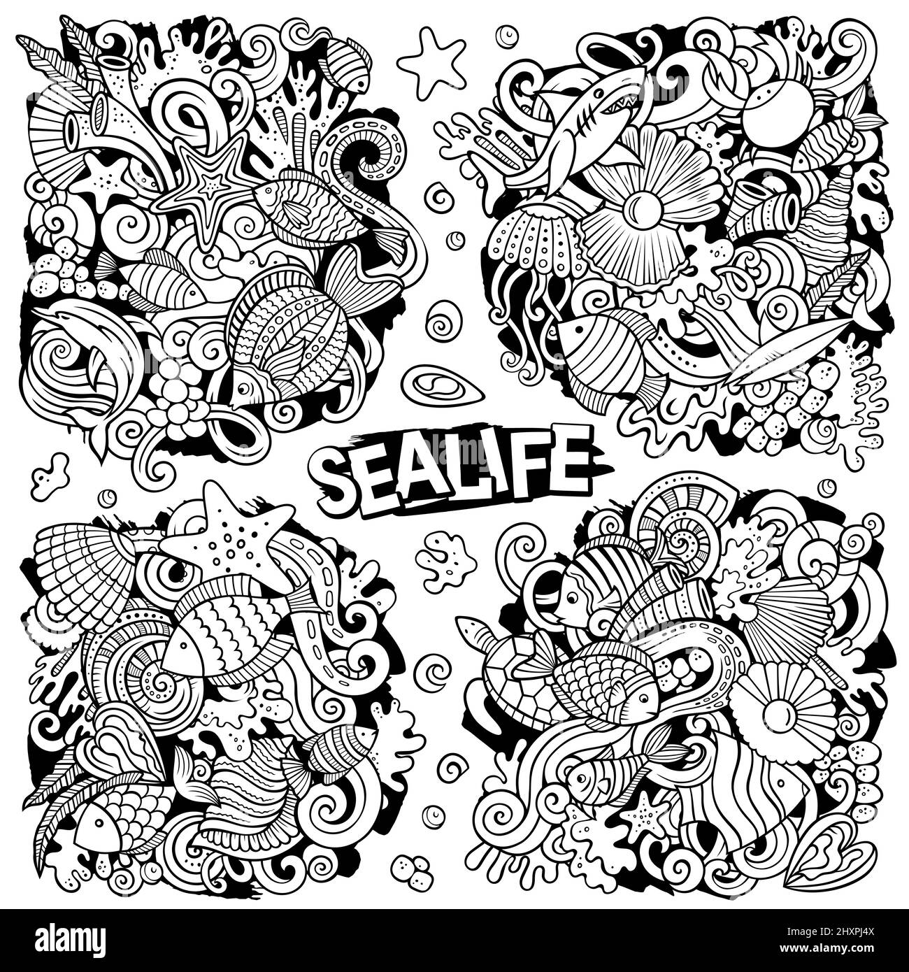 Sea Life cartoon vector doodle designs set. Sketchy detailed ...