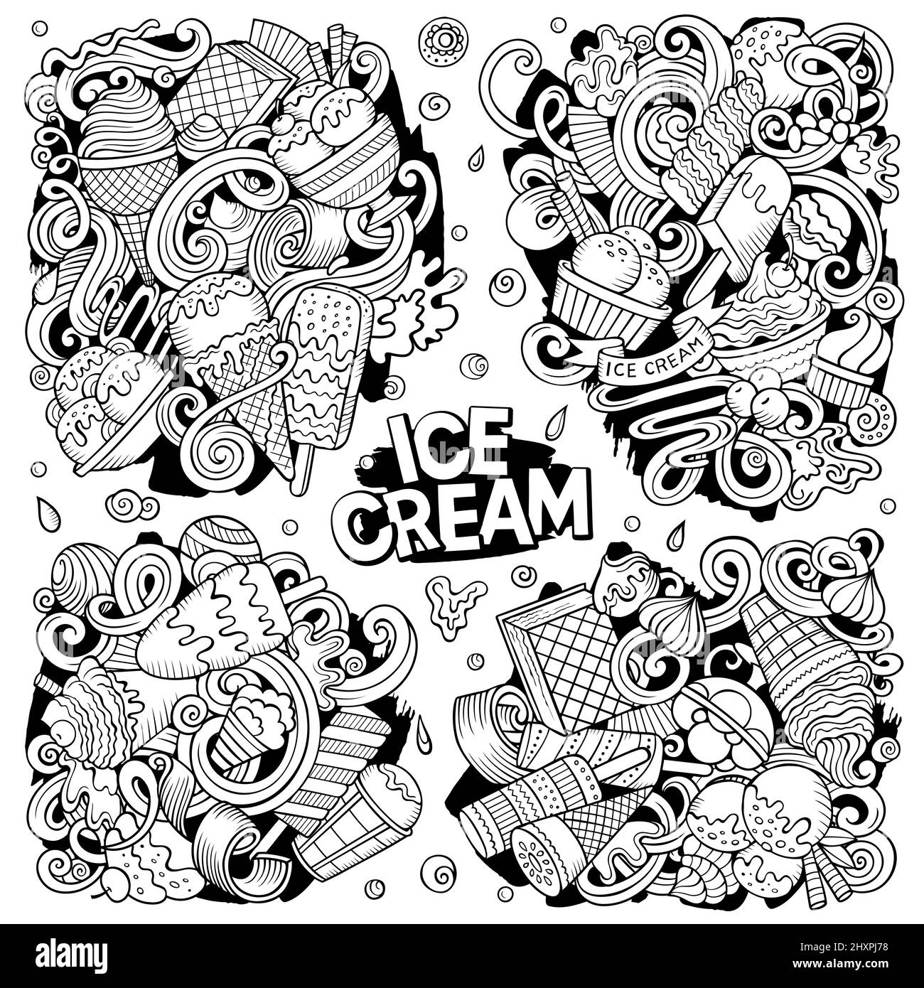 Ice Cream cartoon vector doodle designs set. Line art detailed ...