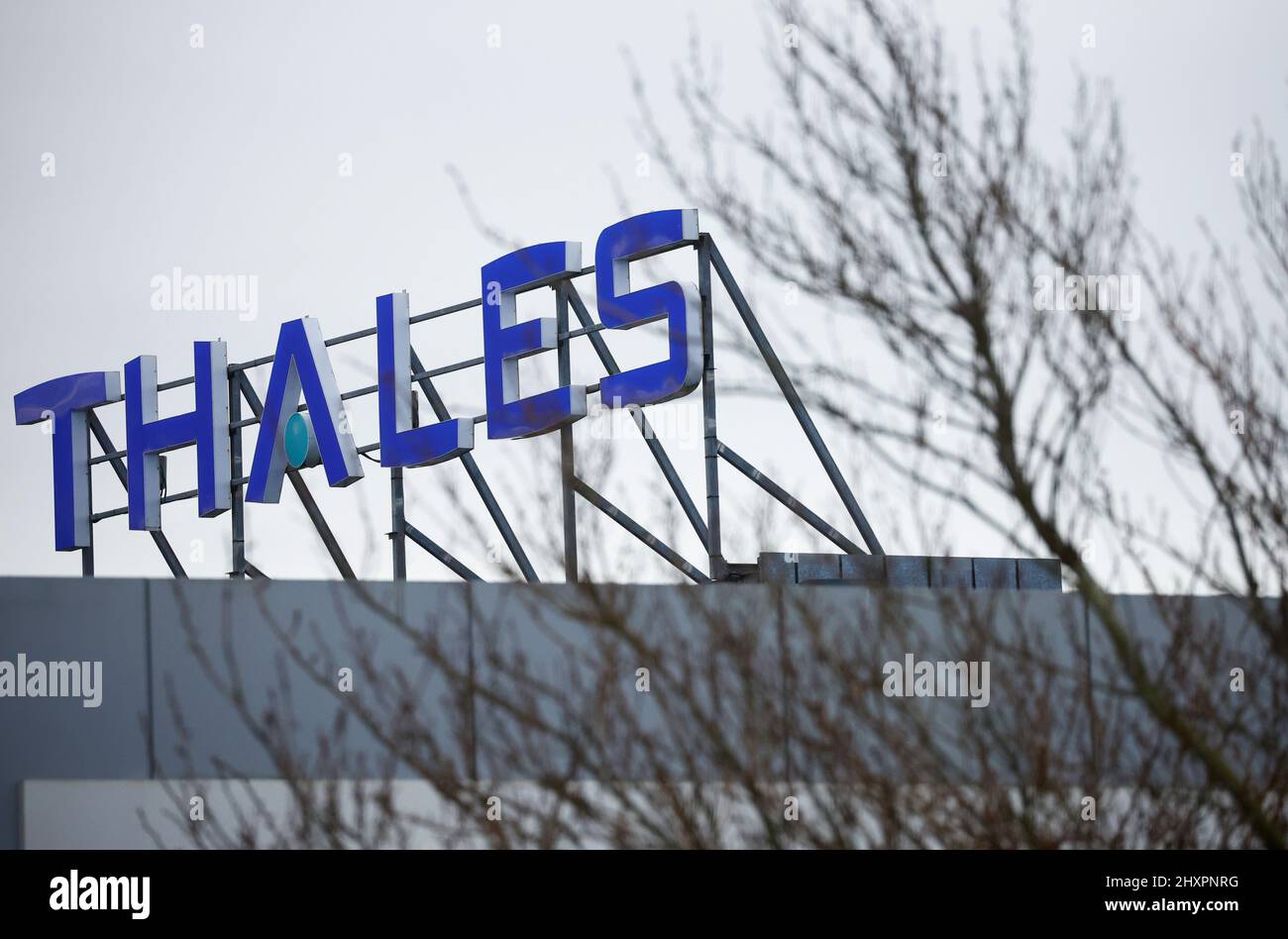 The logo of Thales is seen on a company building in Brest, France ...