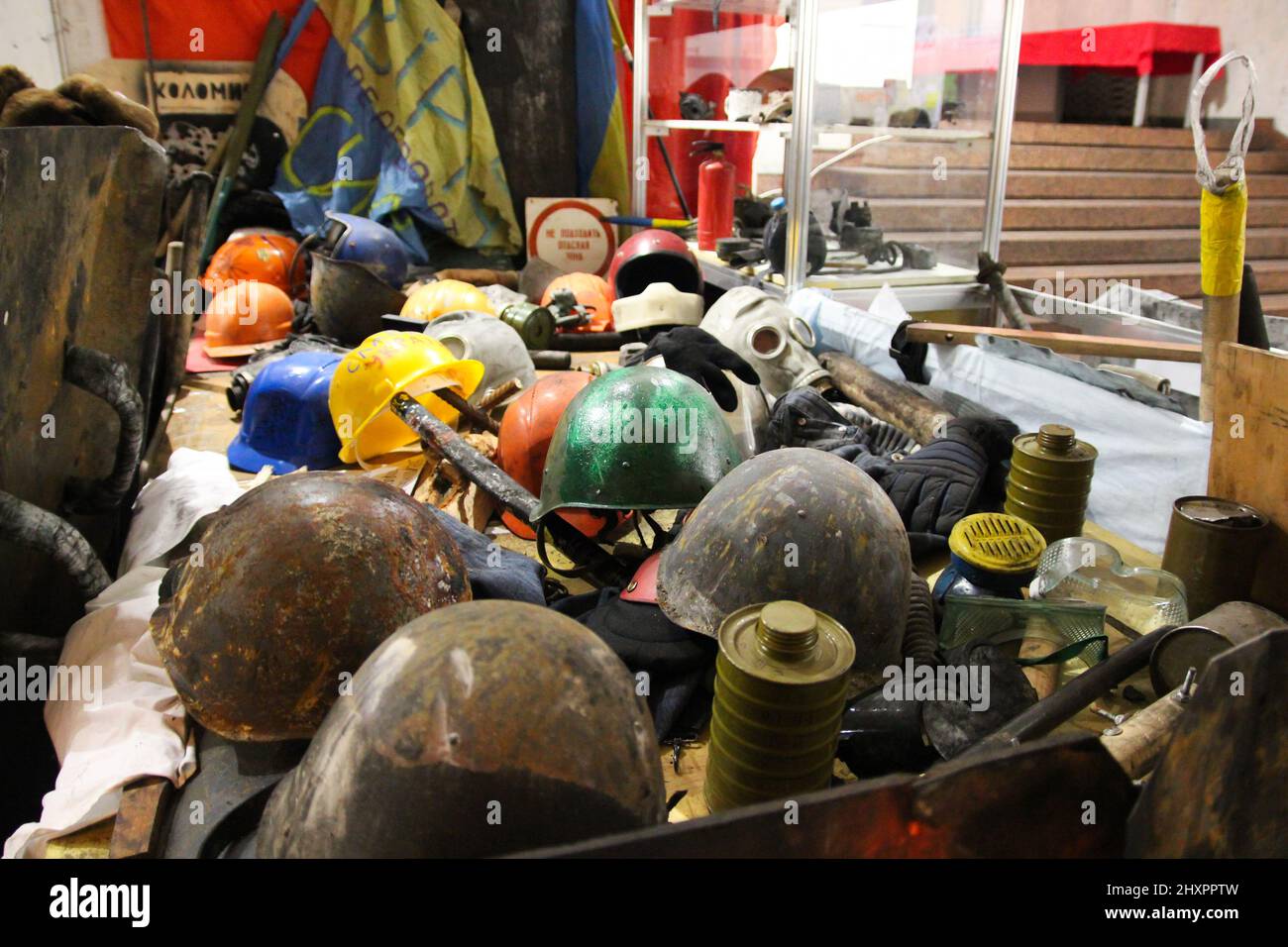 Kyiv, Ukraine - Helmets and bombs in Maidan museum. Ukrainian war with ...
