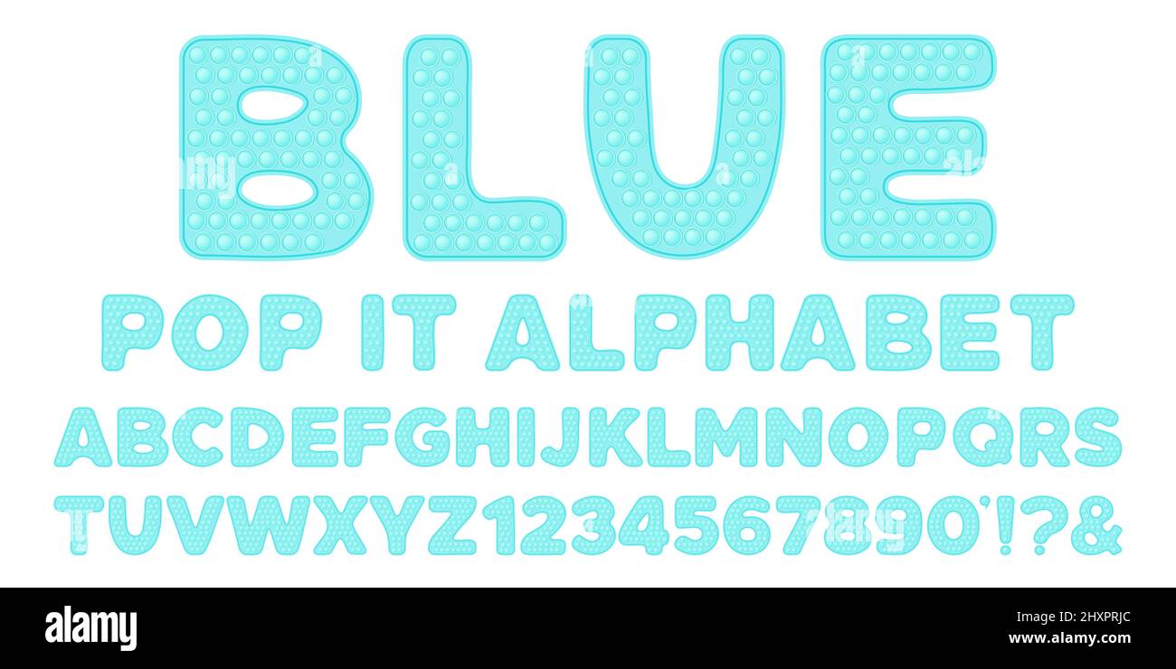 Pastel blue popit alphabet and numbers set in fidget toy style. Pop it ...
