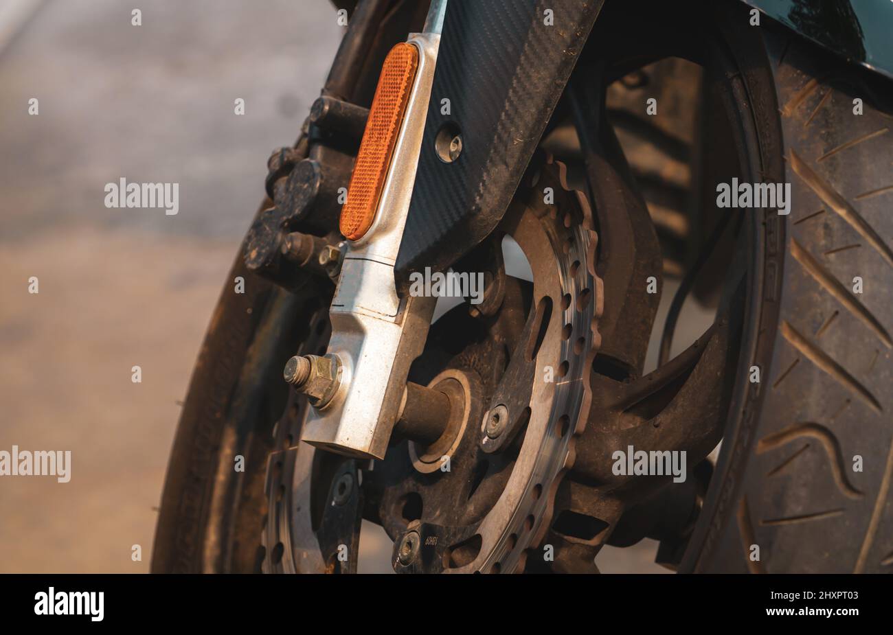 Closeup disc brake of motorcycle. Motorbike accessory. Aluminum alloy ...