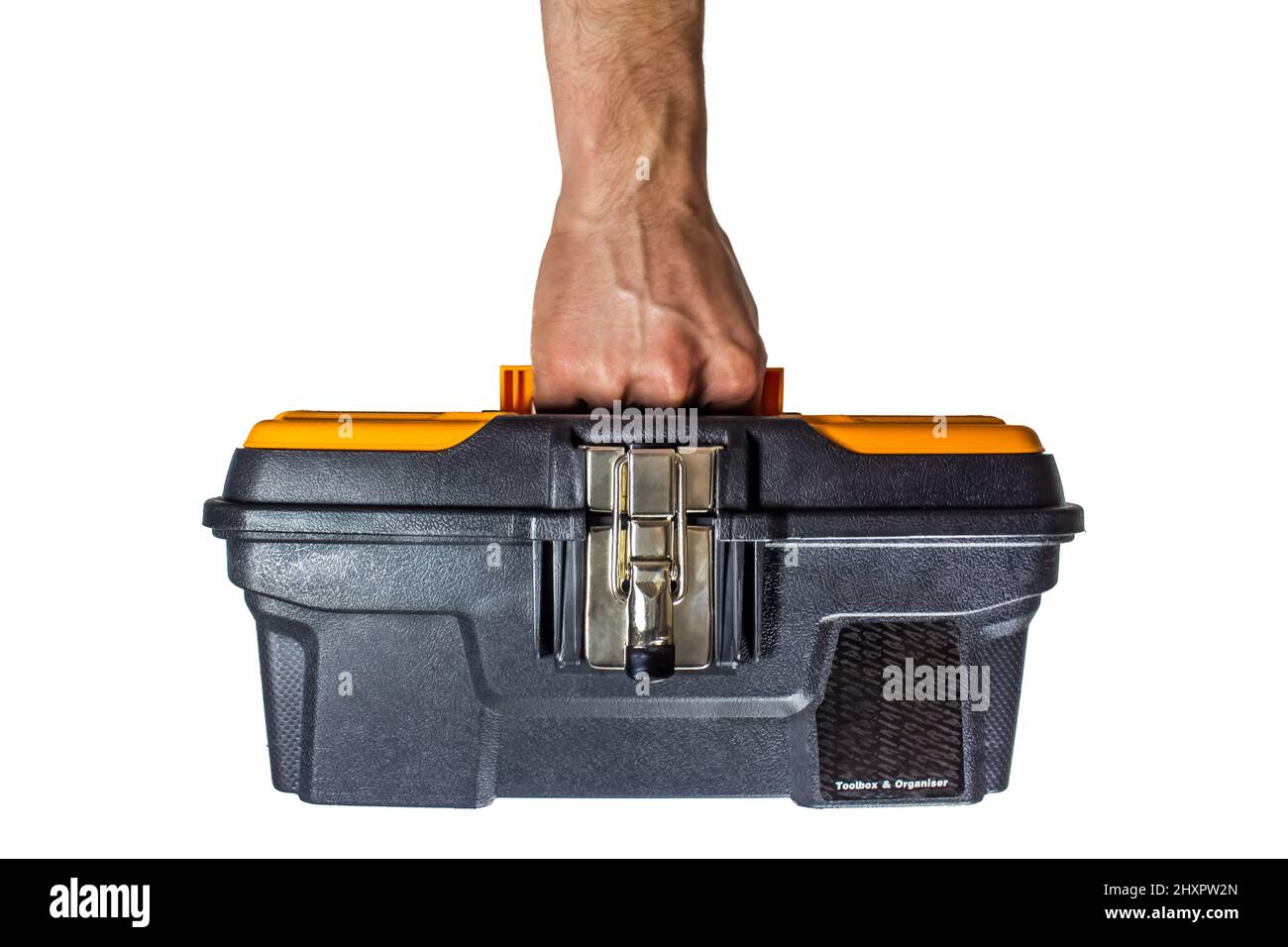 Hand holding toolbox isolated on white, worker carrying toolbox or ...