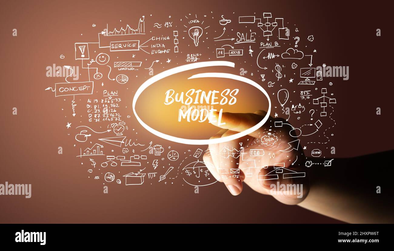 Hand touching hand drawn icons Stock Photo - Alamy