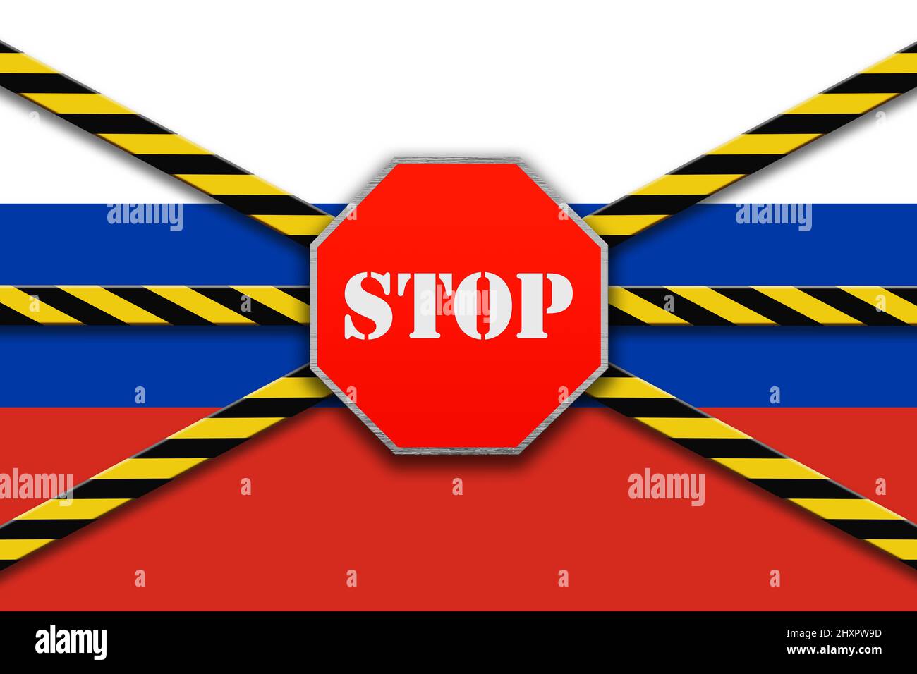 Stop Russia. Stop sign and caution tape over the Russian flag 3D ...