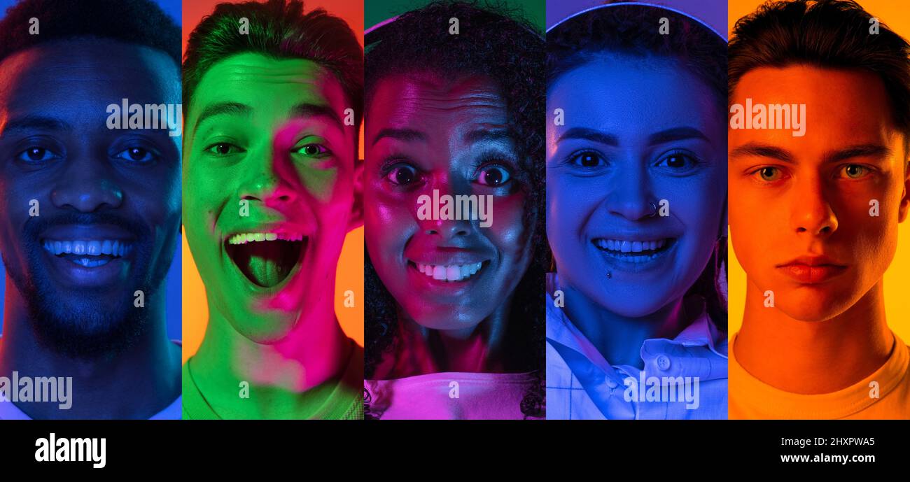 Set of closeup portraits of young excited multiethnic people on ...