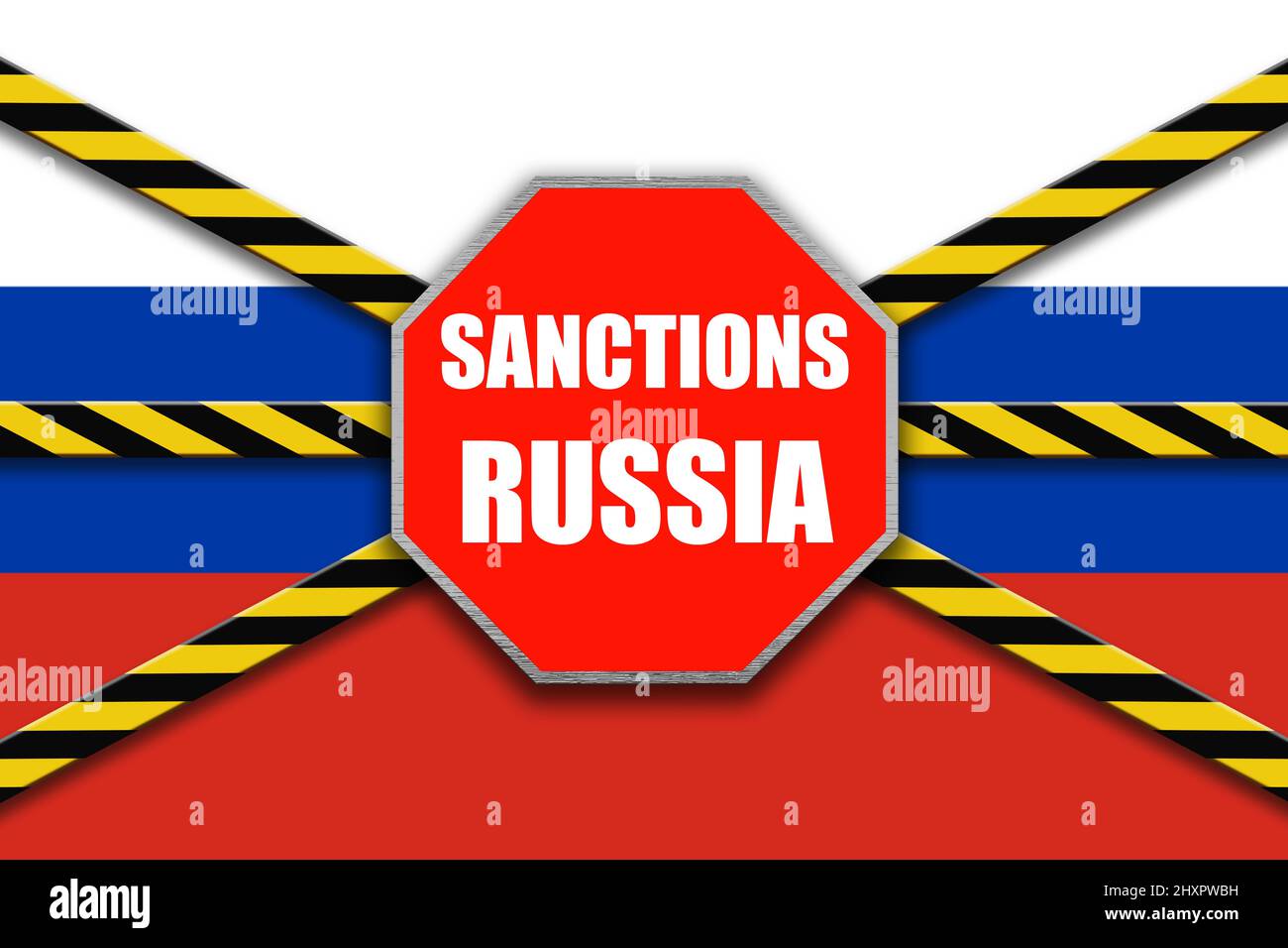 Sanctions to Russia. Stop sign and caution tape over the Russian flag ...