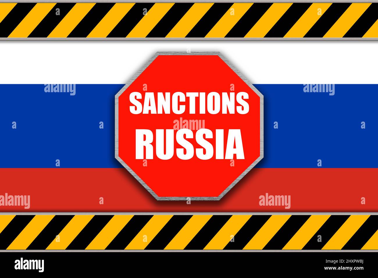 Sanctions to Russia. Stop sign and caution tape over the Russian flag ...
