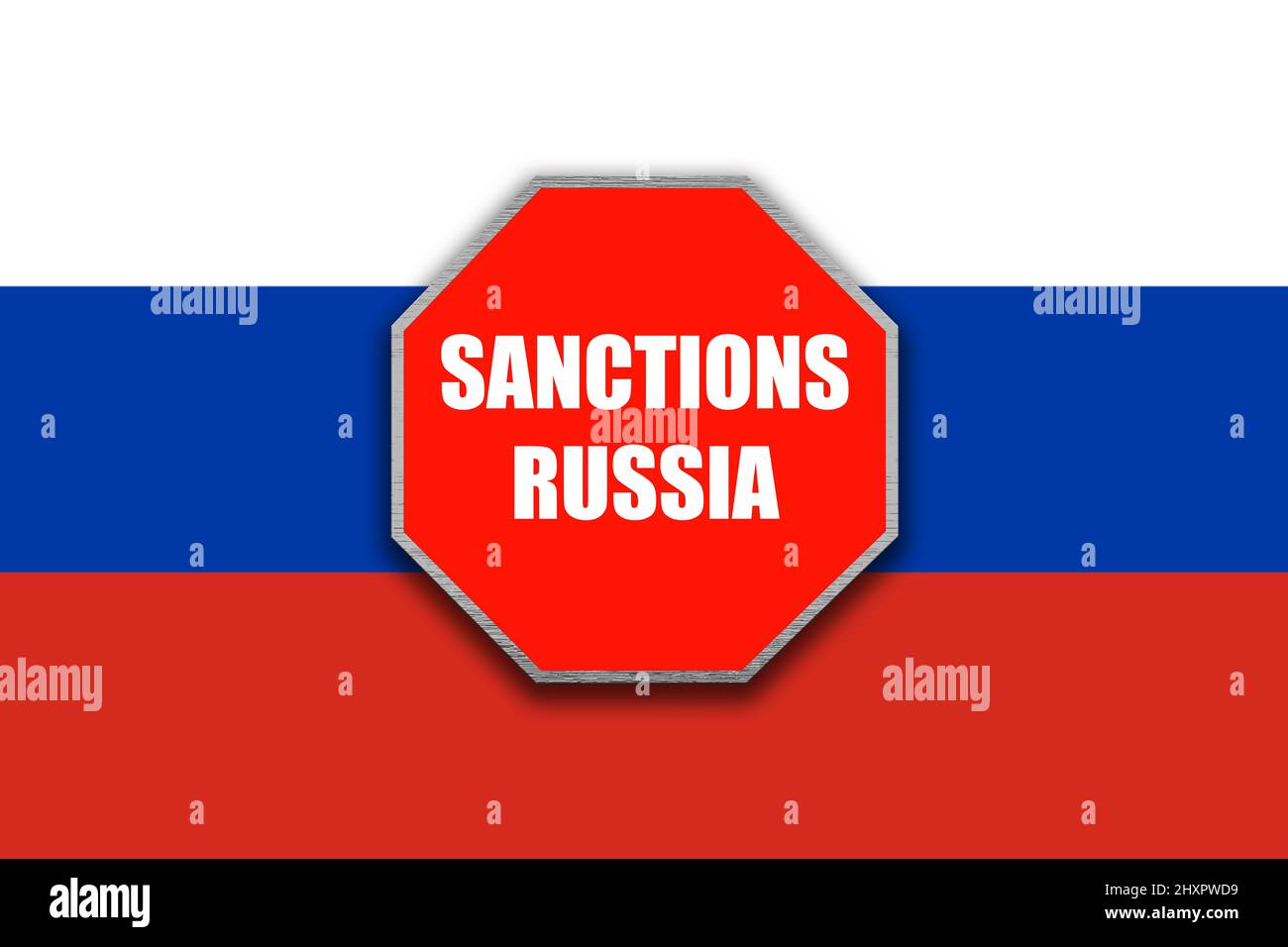 Sanctions to Russia. Stop sign over the Russian flag 3D illustration ...