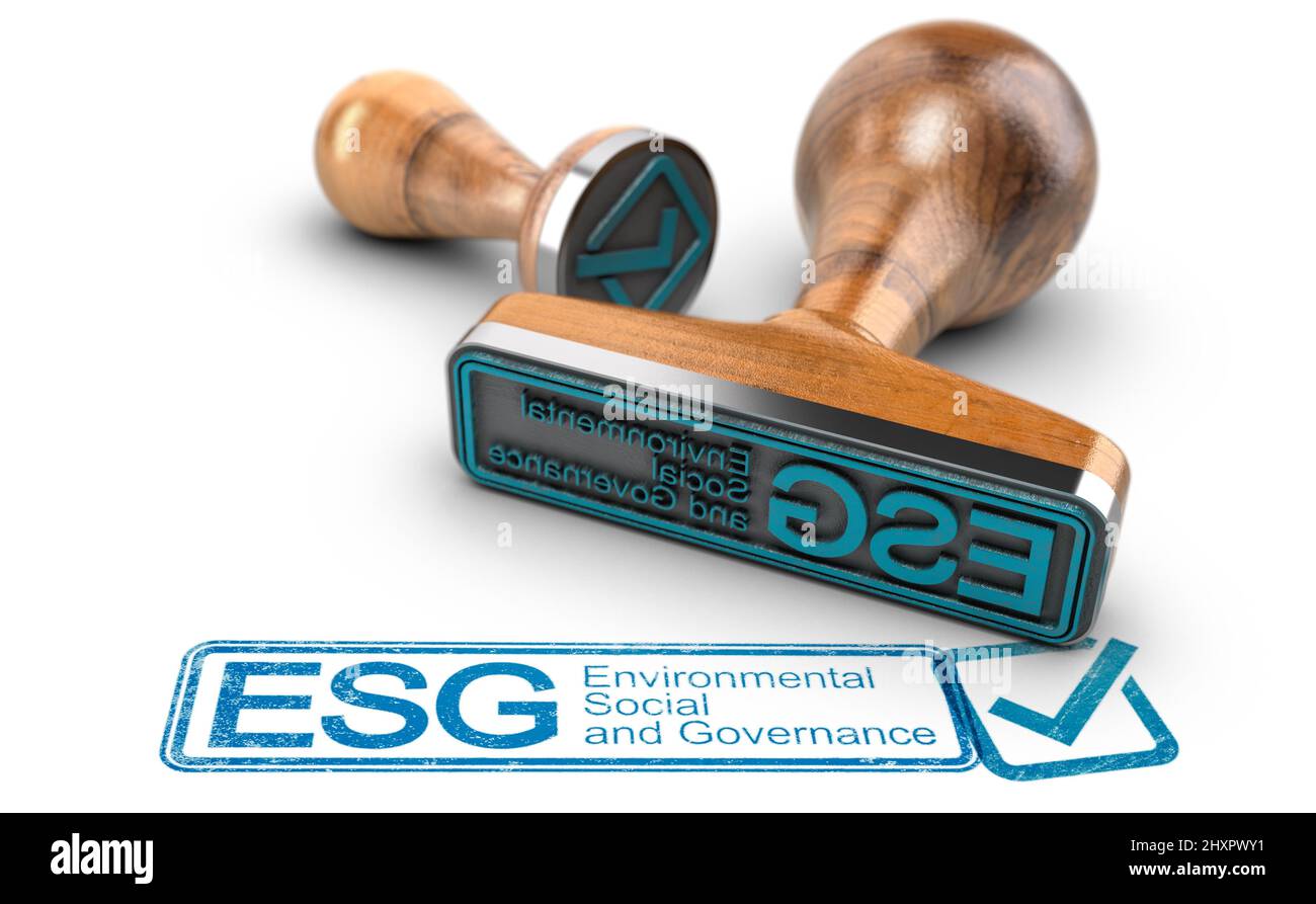 ESG, Environmental, Social and Governance printed in blue with two ...
