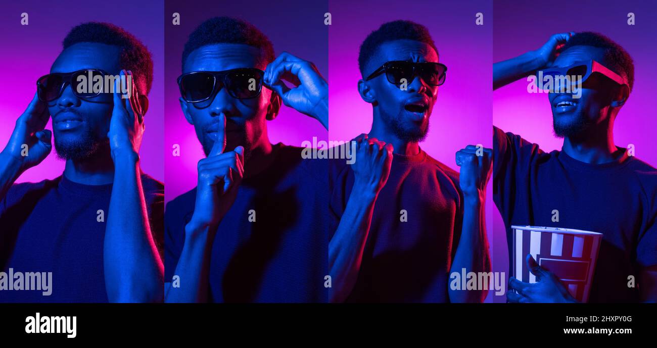 Collage with portraits of young emotional dark skinned man isoaletd on ...