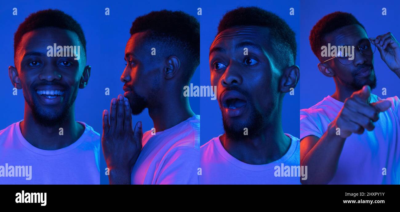 Collage with portraits of young emotional dark skinned man isoaletd on ...