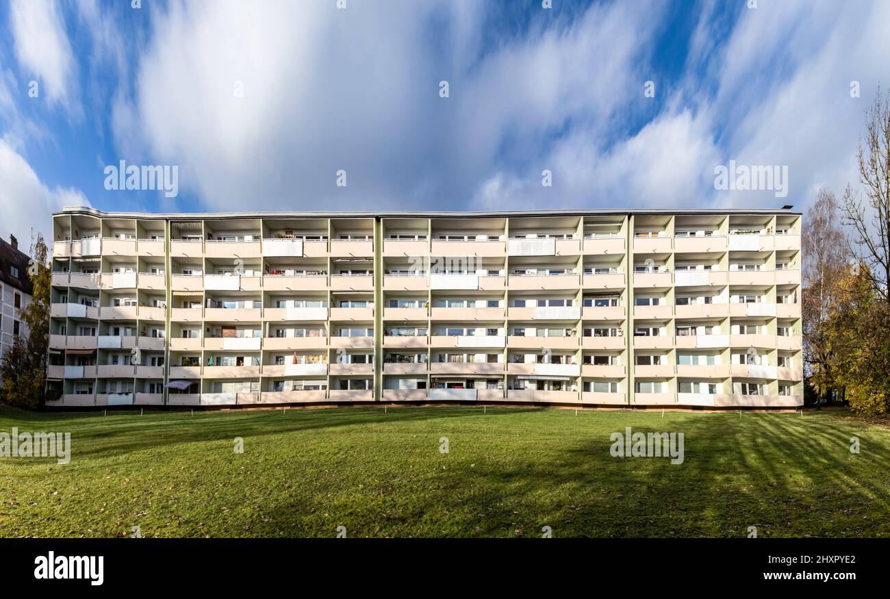 facade with balconys of a social housing complex in Munich, Germany ...