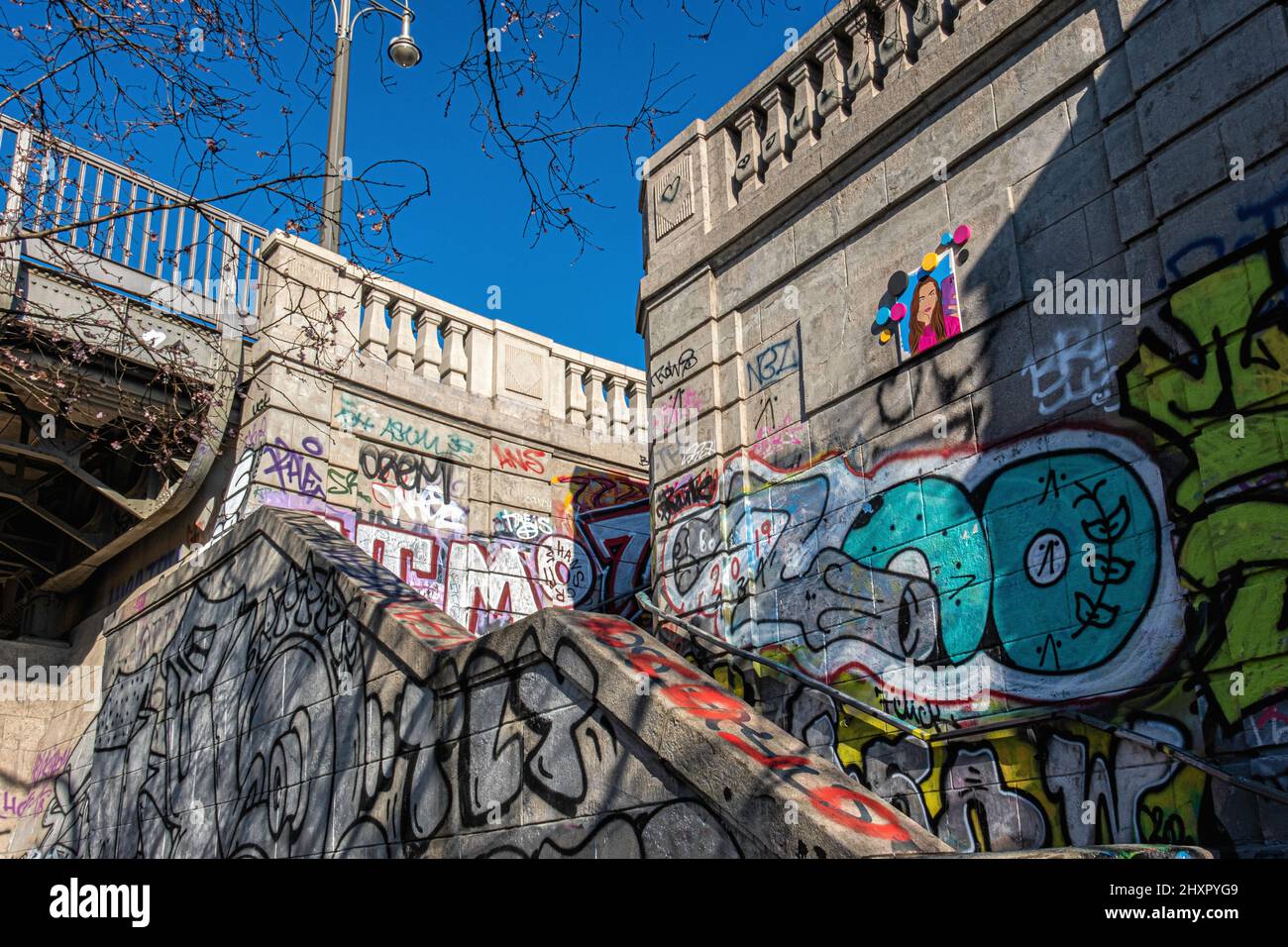 Graffiti Covered stairs leading from Bornholmer strasse road bridge to ...