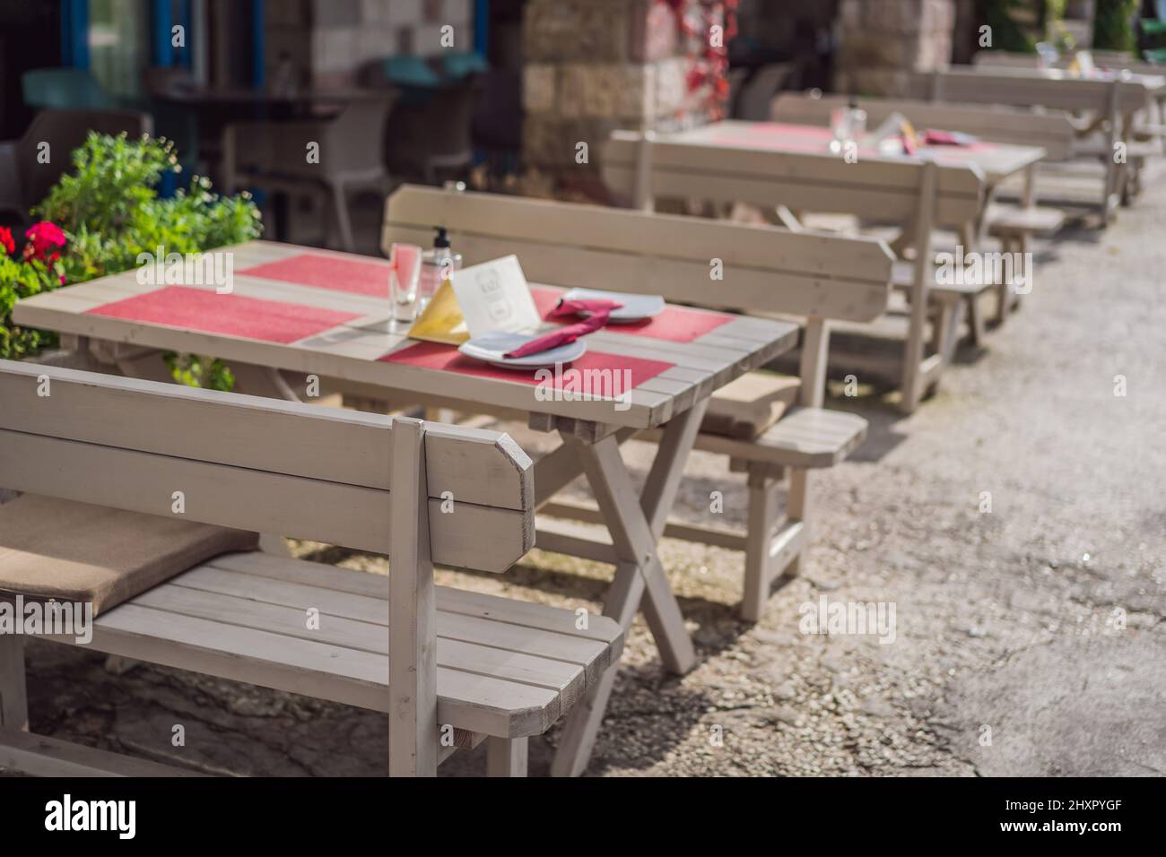 Cozy Interior Of Summer Cafe Cutlery Laid Out Stock Photo - Alamy
