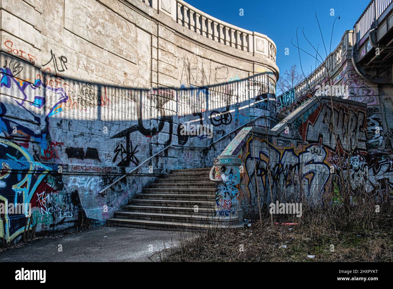 Graffiti Covered stairs leading from Bornholmer strasse road bridge to ...