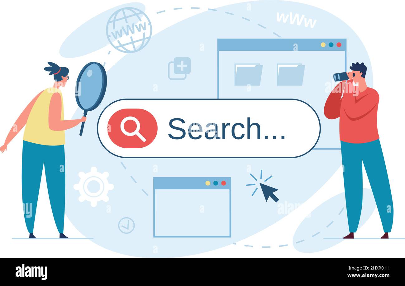 People searching on internet, characters using search bar. Man with ...