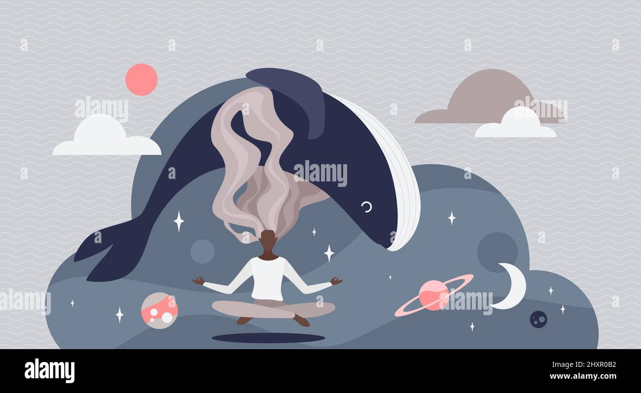 Yoga meditation and concentration of girl floating in open space vector ...