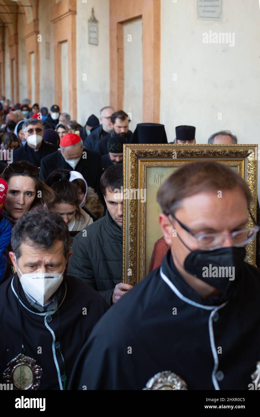 Bologna,Emilia Roman,Italy: March 13,2022. Peace pilgrimage Sanctuary ...