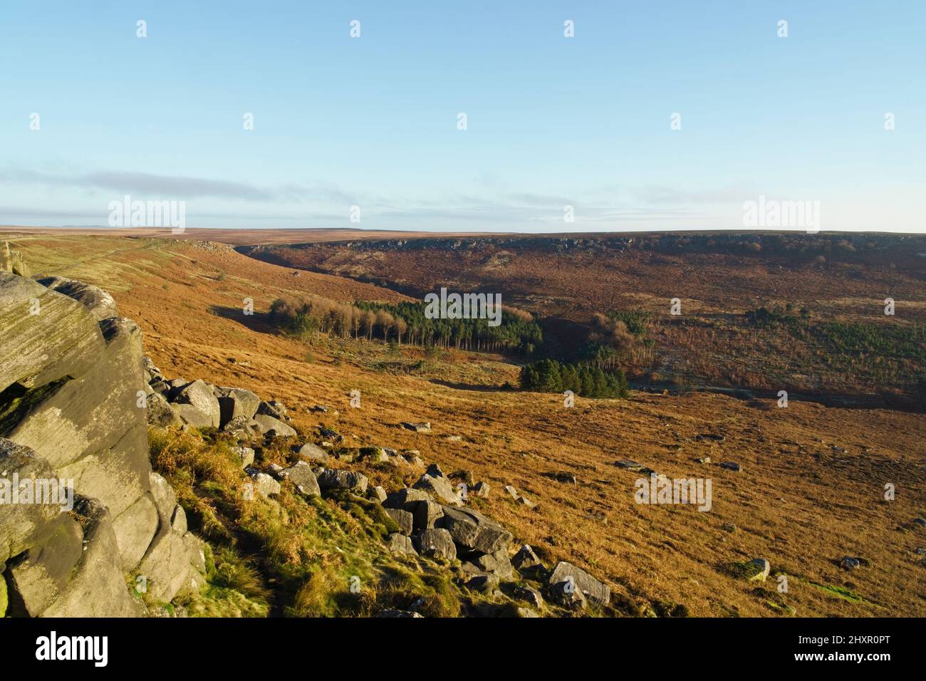 From the rugged slopes of Higger Tor, down Burbage Valley in the autumn ...