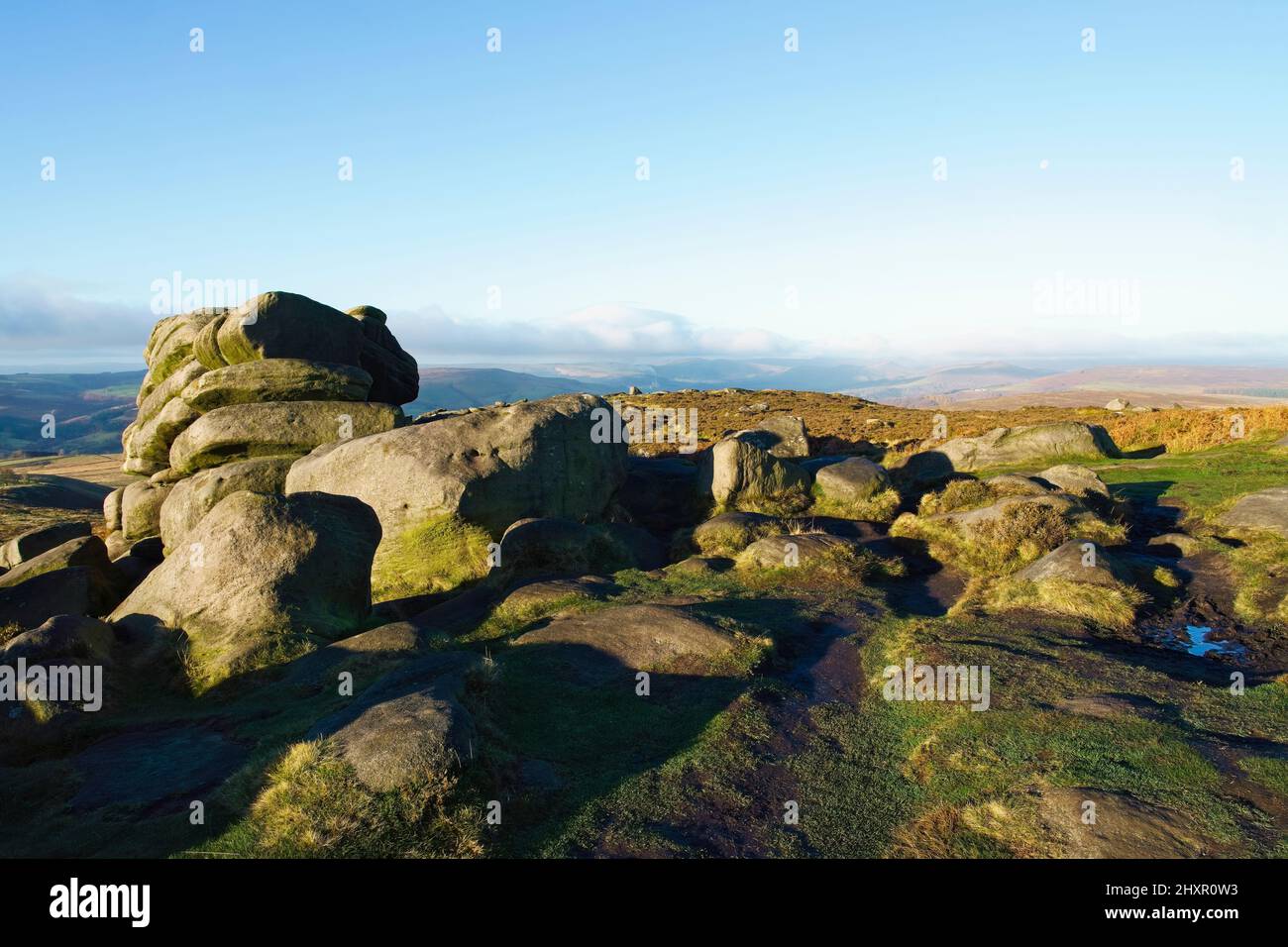 Misty autumn morning among the weathered gritstone rock formations of ...