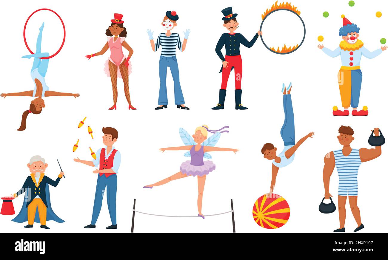 Circus performers, magician, clown, juggler, acrobat, strongman. Aerial ...