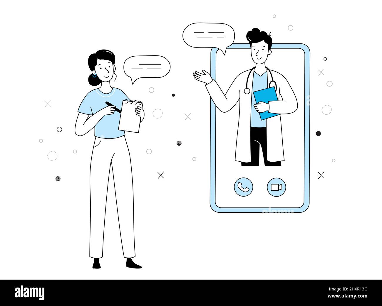 Doctor and patient online mobile health chat illustration. Young doctor ...