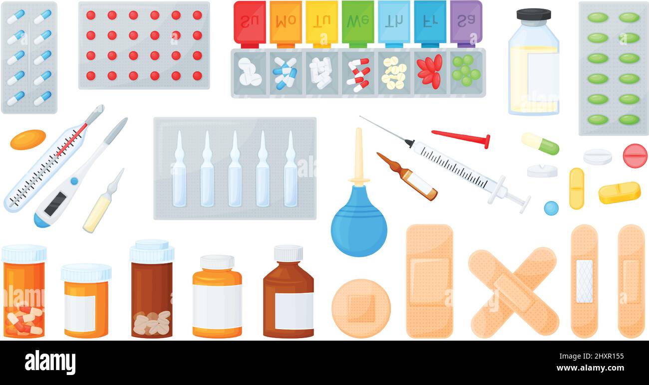 Cartoon pills in bottles or jars, medical drugs, medicines. Vitamin ...