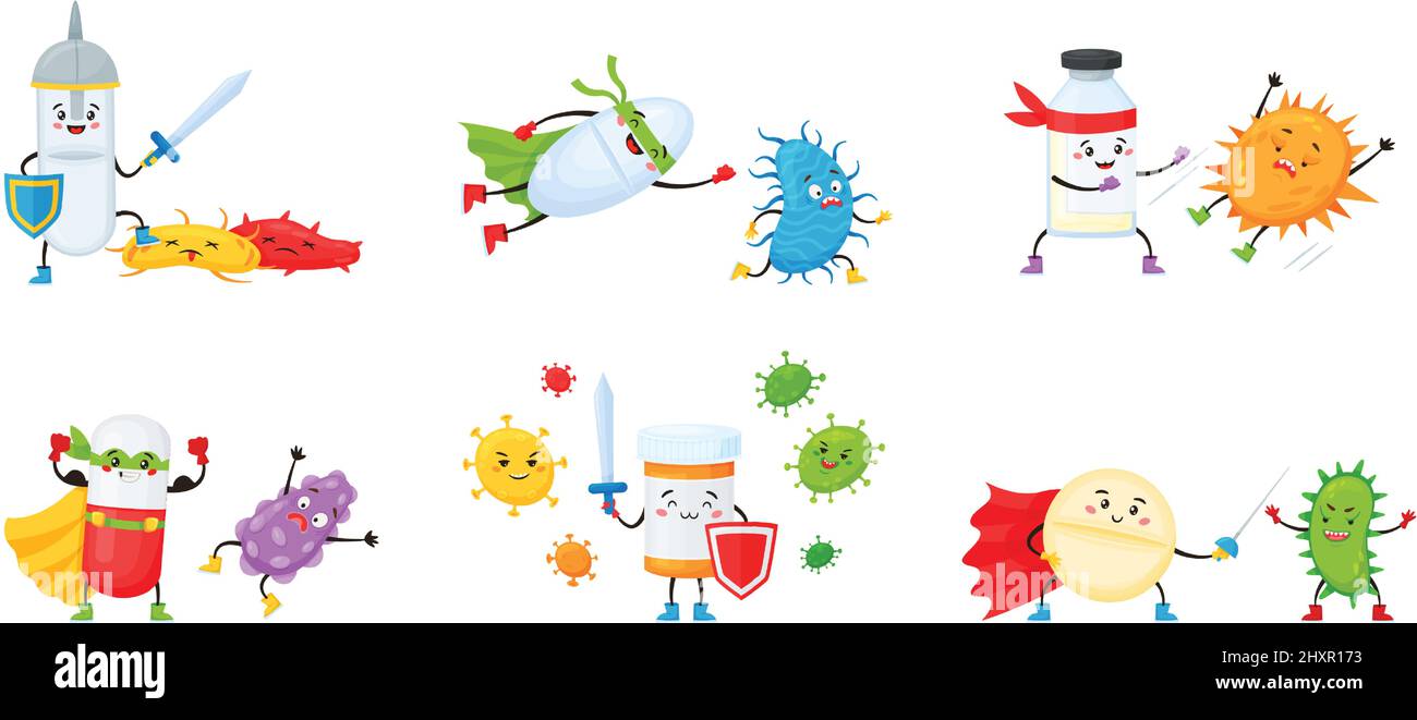 Cartoon superhero antibiotic pills fighting viruses and bacteria. Pill ...