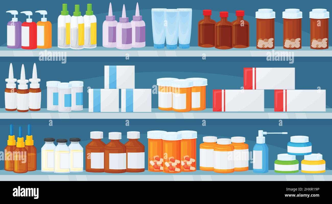Cartoon pharmacy shelves with medical products and pill bottles ...