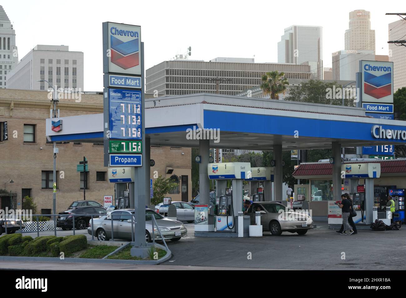 Gas prices over $7 per gallon at a Chevron gasoline station, Sunday ...