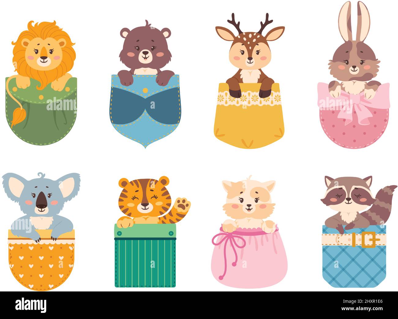 Cartoon animals in pockets, lion, tiger, rabbit, cat sitting inside pocket. Cute baby animal ...