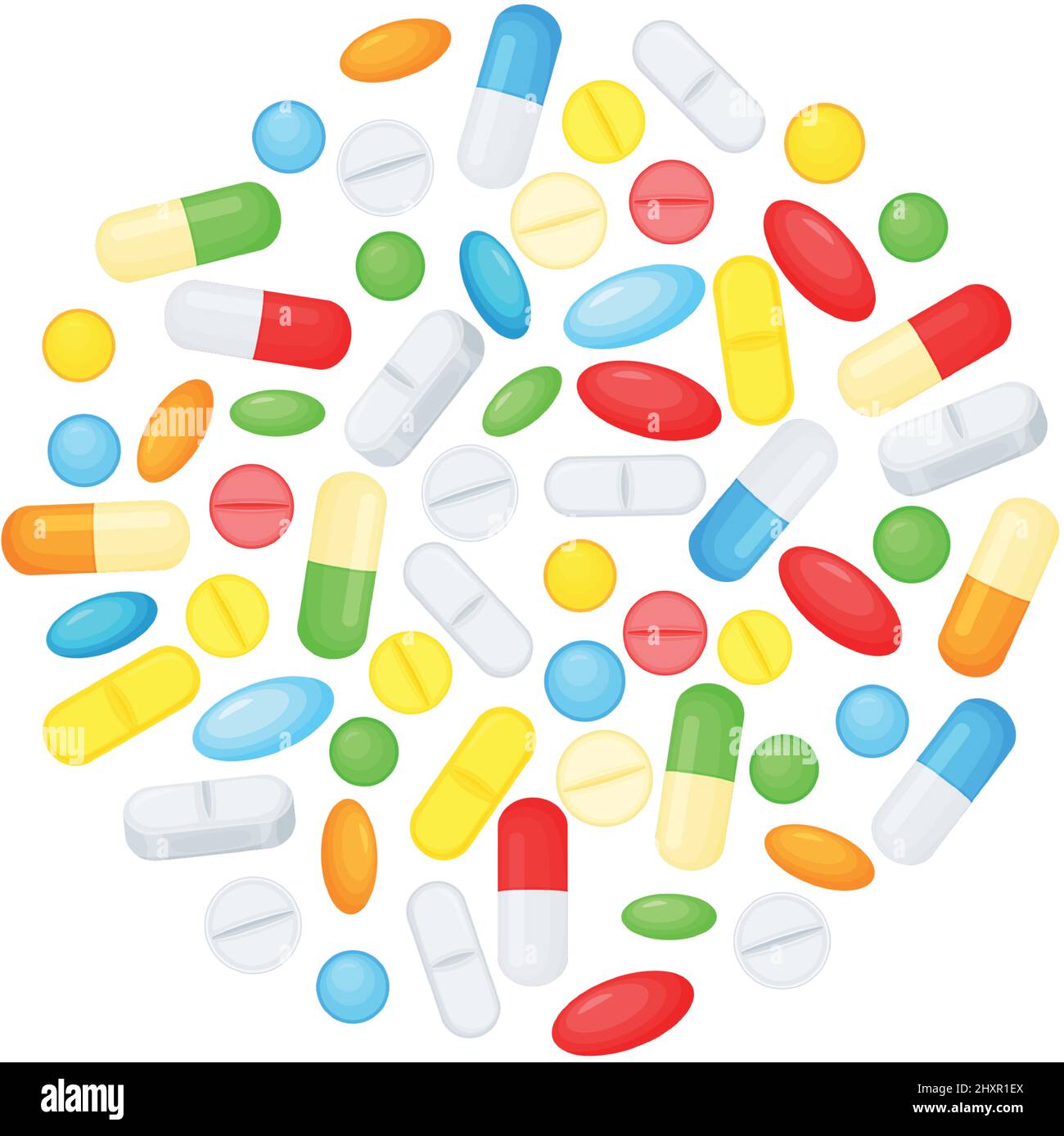 Cartoon pills in circle shape, medical capsules and tablets. Vitamins ...
