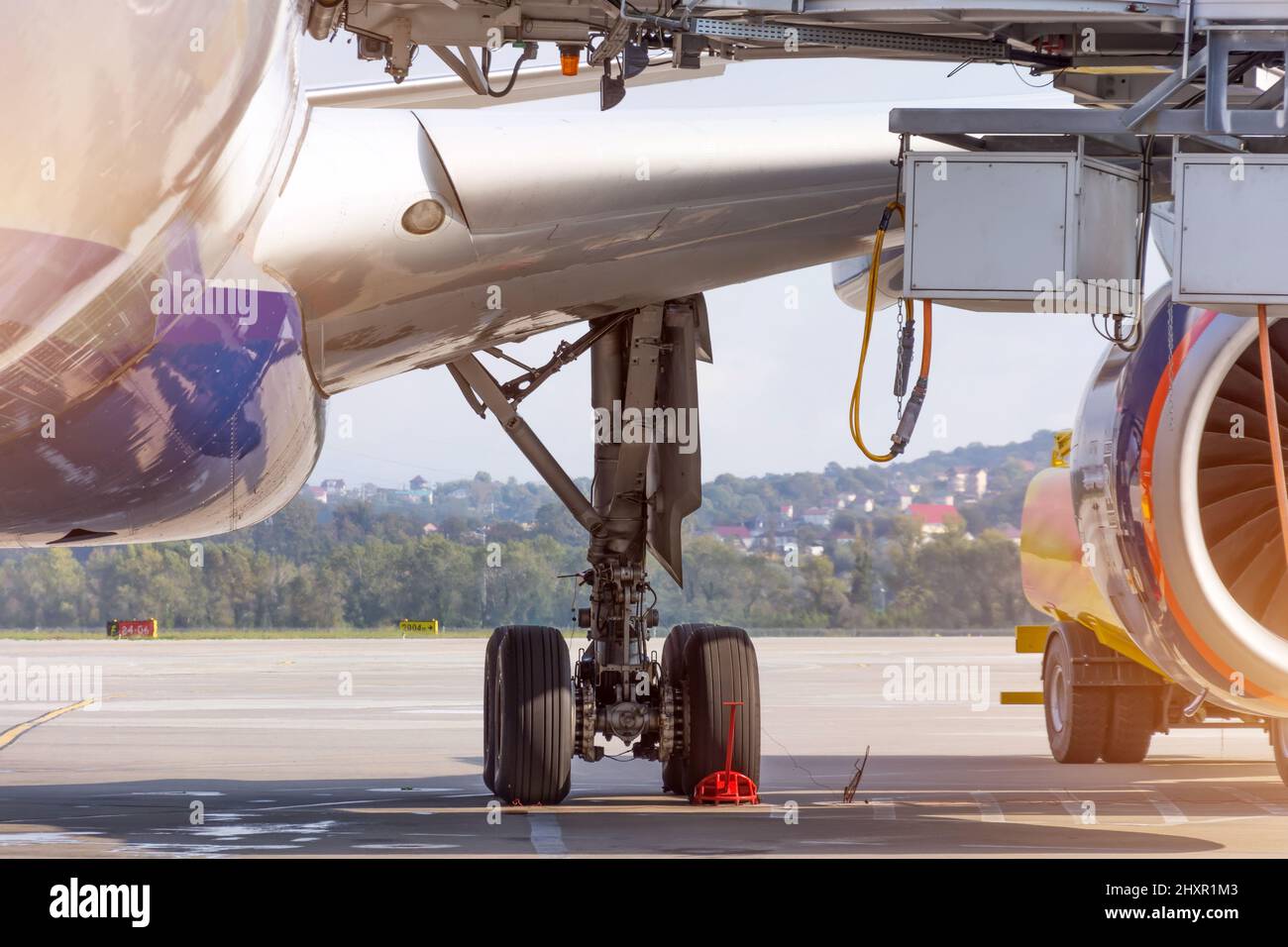 Wheels rubber tire rear landing gear racks aircraft, under wing view ...