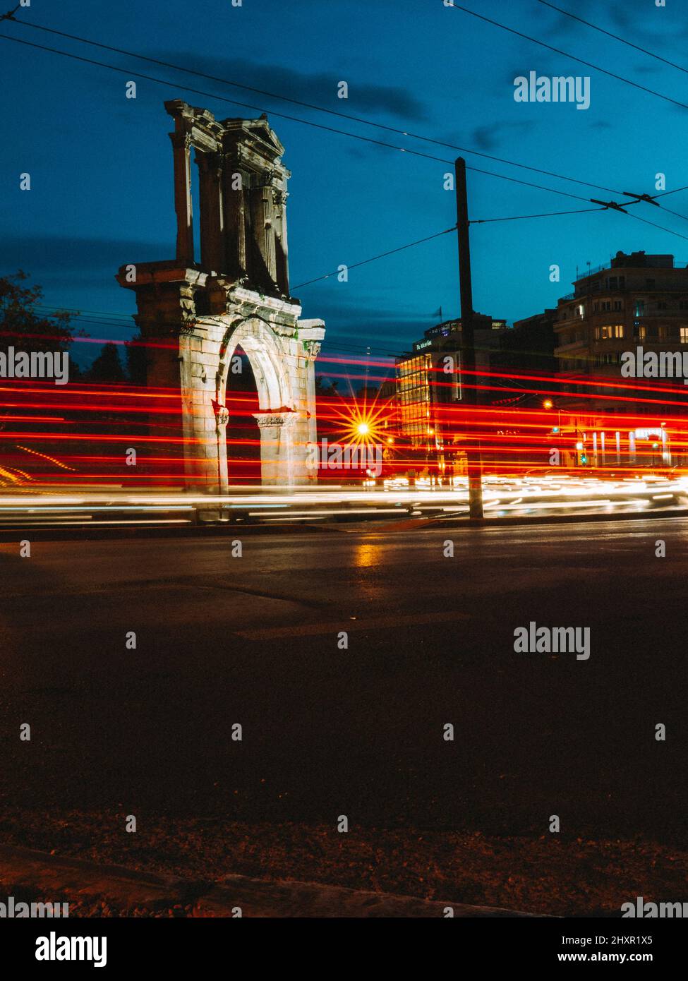 Light trail photo at Hadrian's Arch in Athens, Greece at night Stock ...