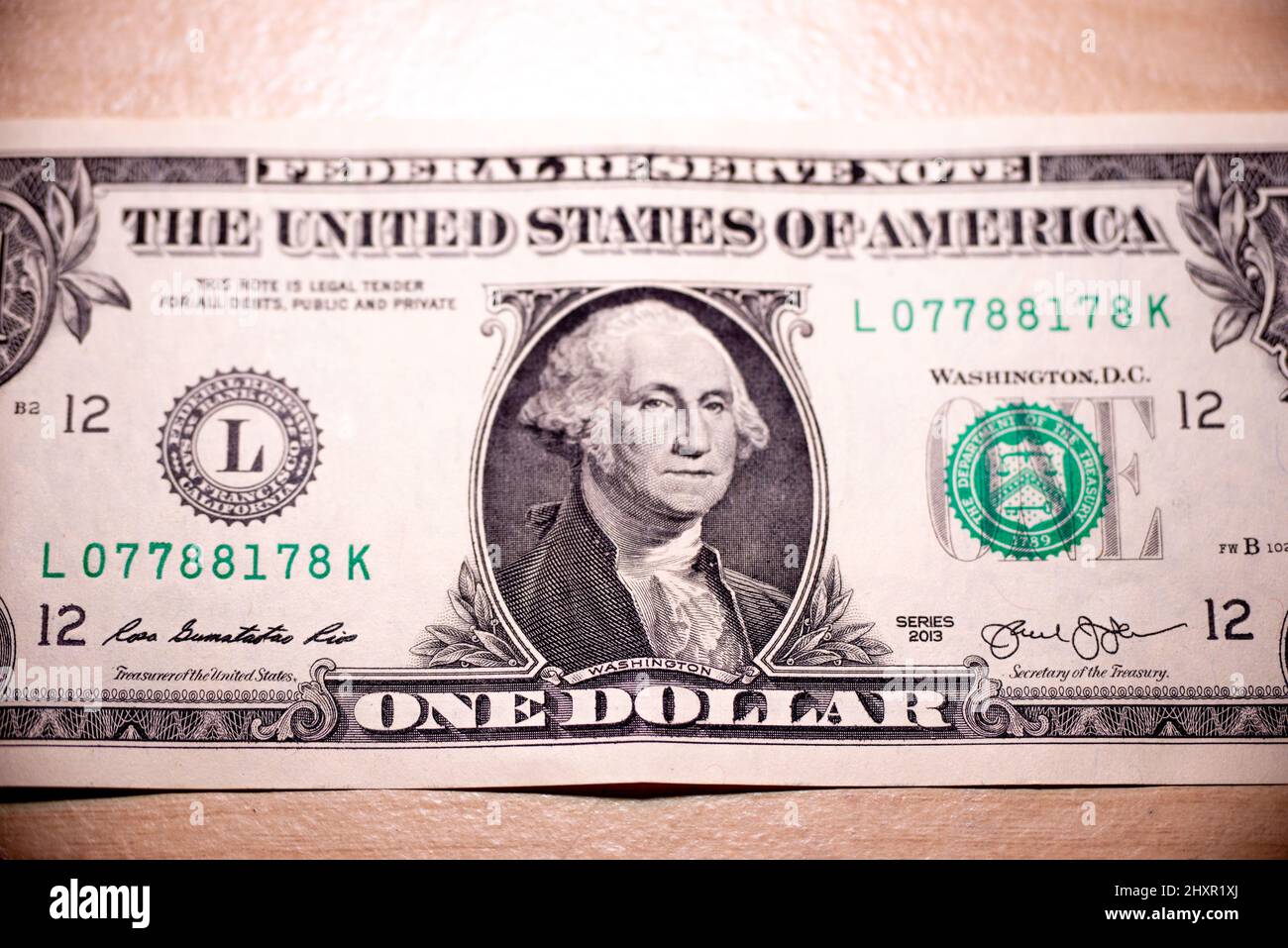 Close-up One US dollar bill in a wood table. Us banknote Stock Photo ...