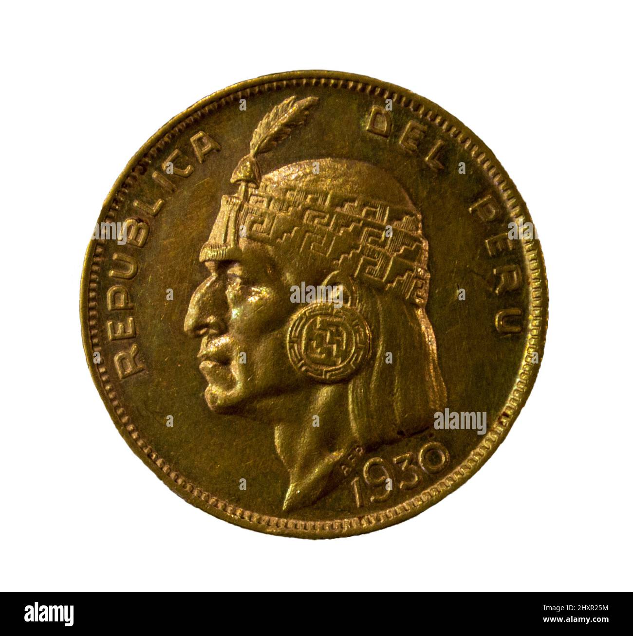 Ancient peruvian coin. Gold coin of the year 1930 Stock Photo - Alamy