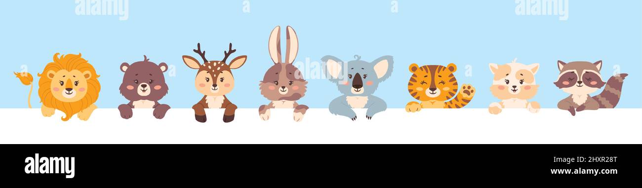 Cute baby animals peeking out, animal characters holding sign. Adorable ...