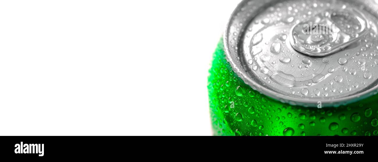 Fresh can of soda pop soft drink with water drops chilled and ...