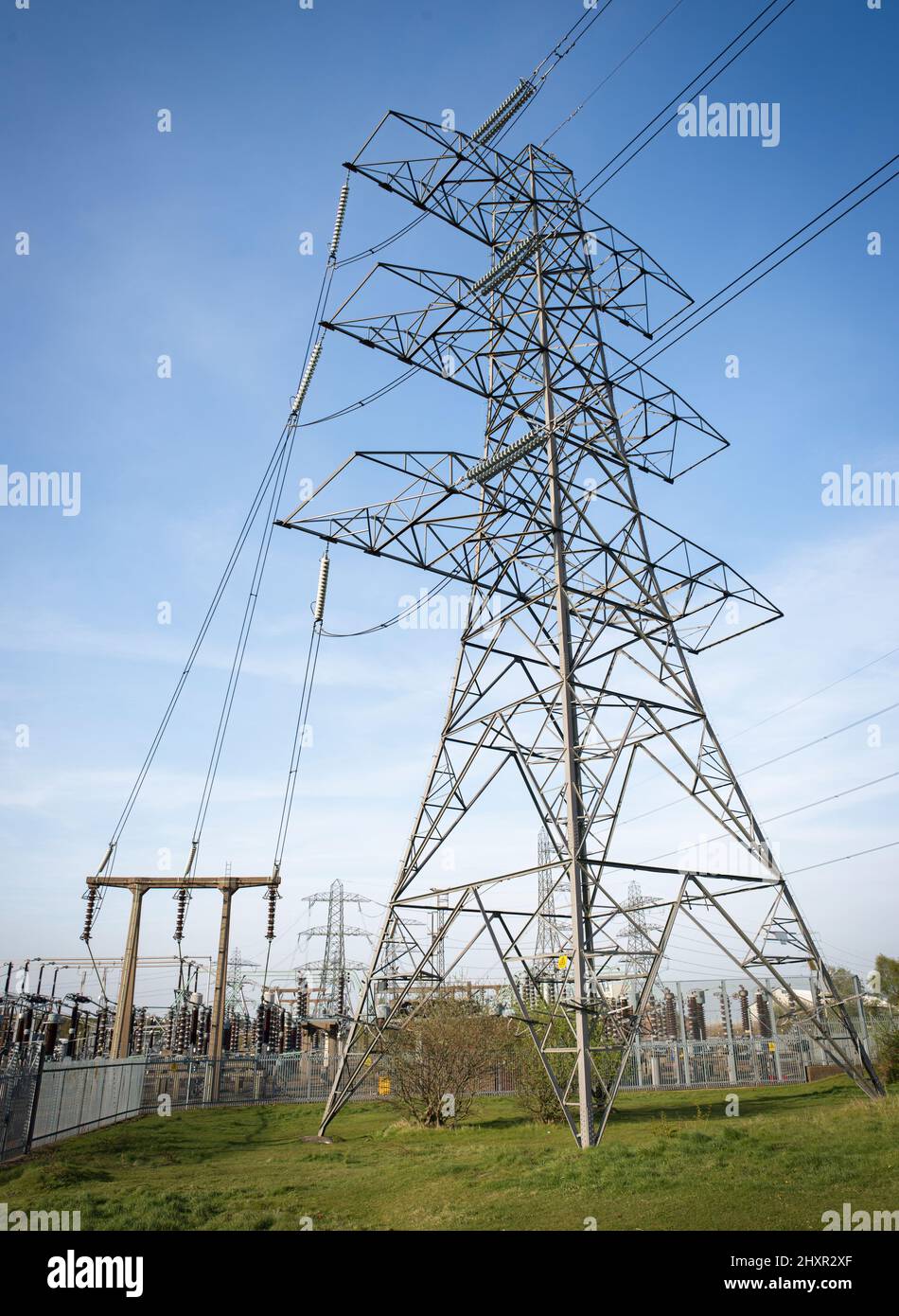 Electricity pylon connecting power lines to substation Stock Photo - Alamy