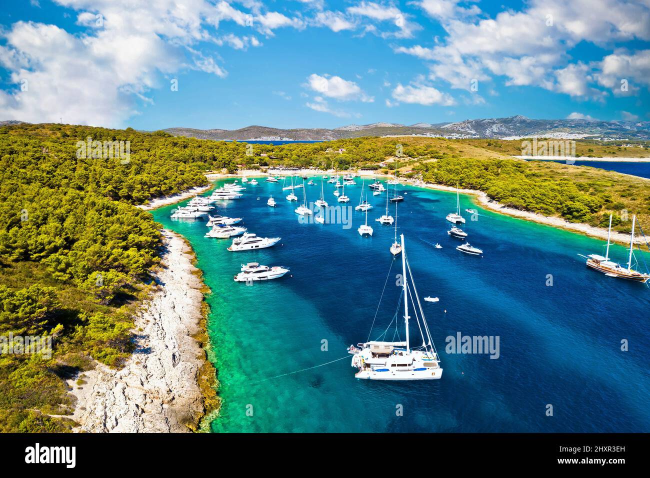 Aerial panoramic view of Palmizana, sailing cove and turquoise beach on ...