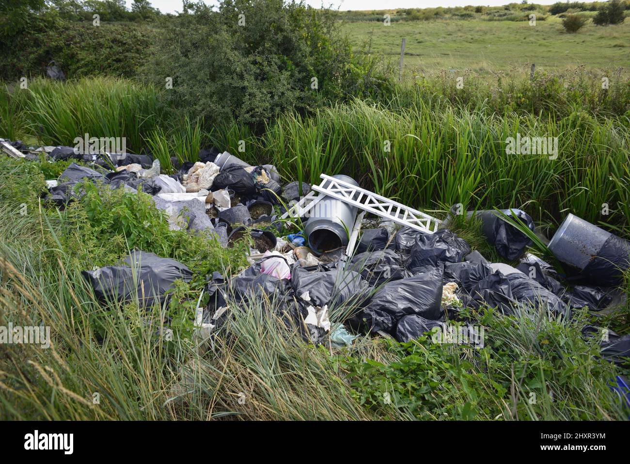 Fly-tipped garbage in drainage ditch Stock Photo - Alamy