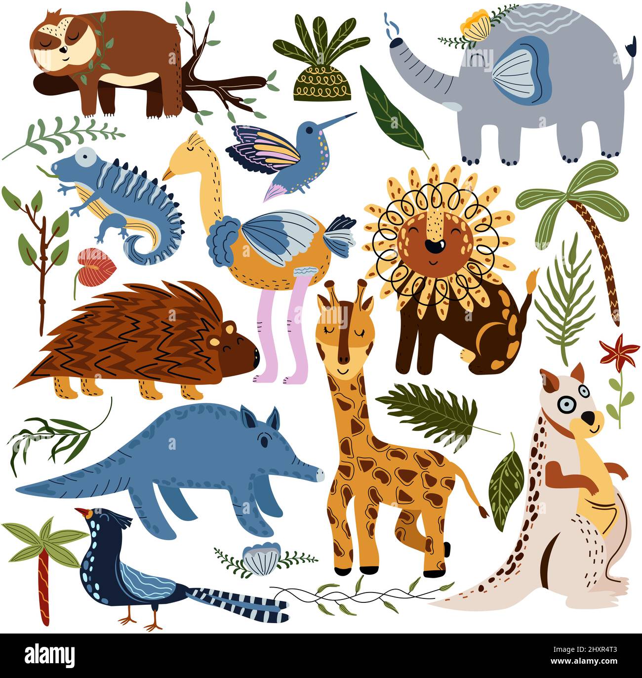 Set of jungle animals and exotic tropical leaves. African animals ...