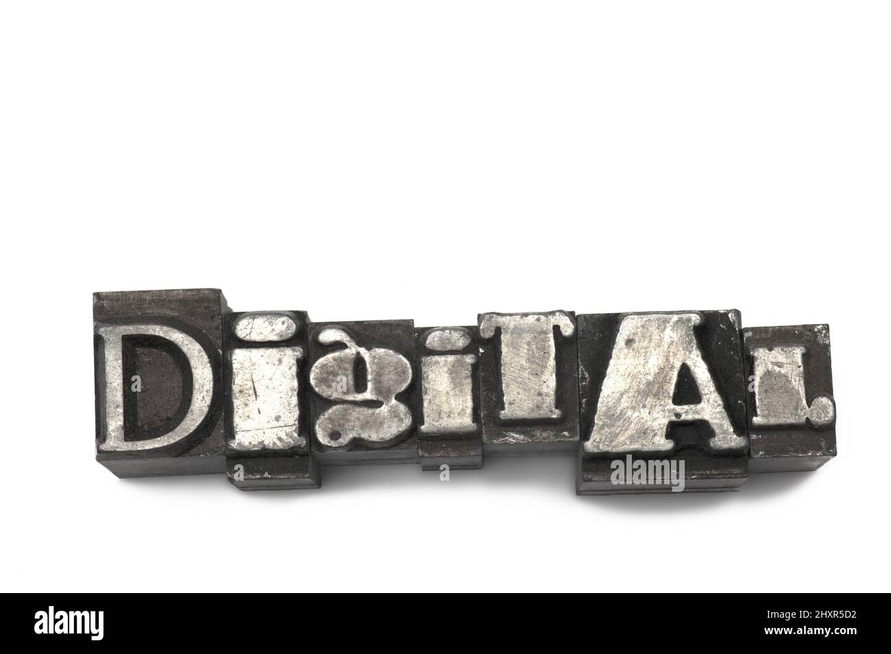 Close up on printer lead letters showing word digital with different ...
