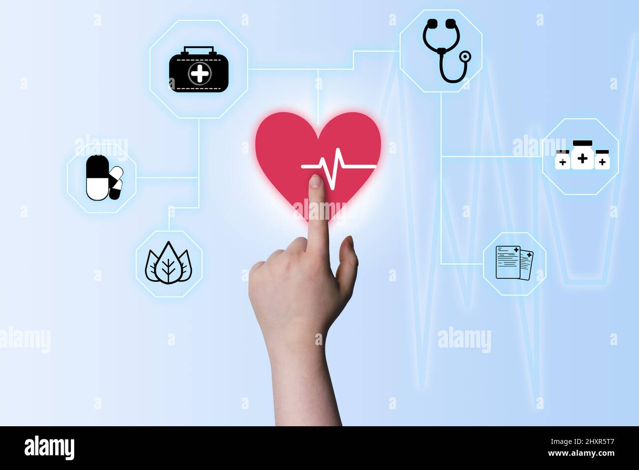 Hand touching virtual heart with medicine graph to diagnose. Medical ...