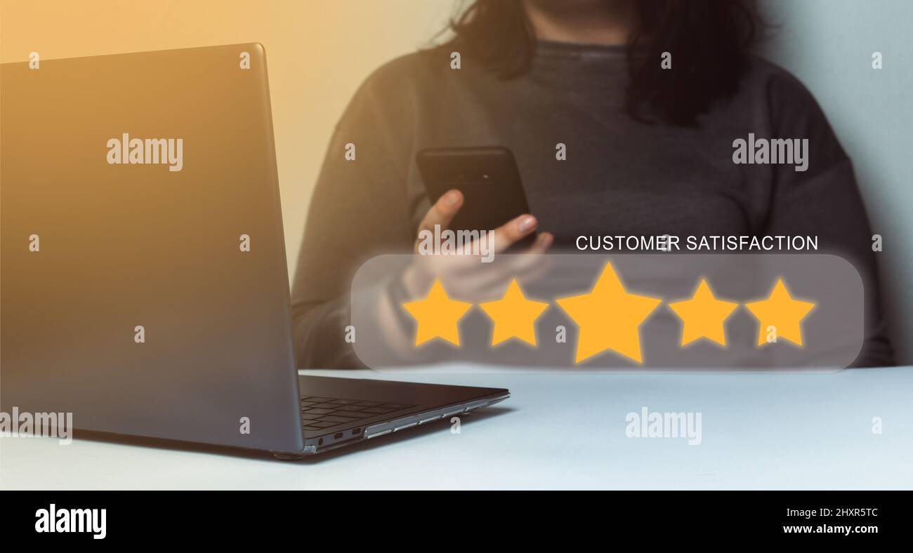 Customer service and satisfaction concept. Woman rating with five stars ...