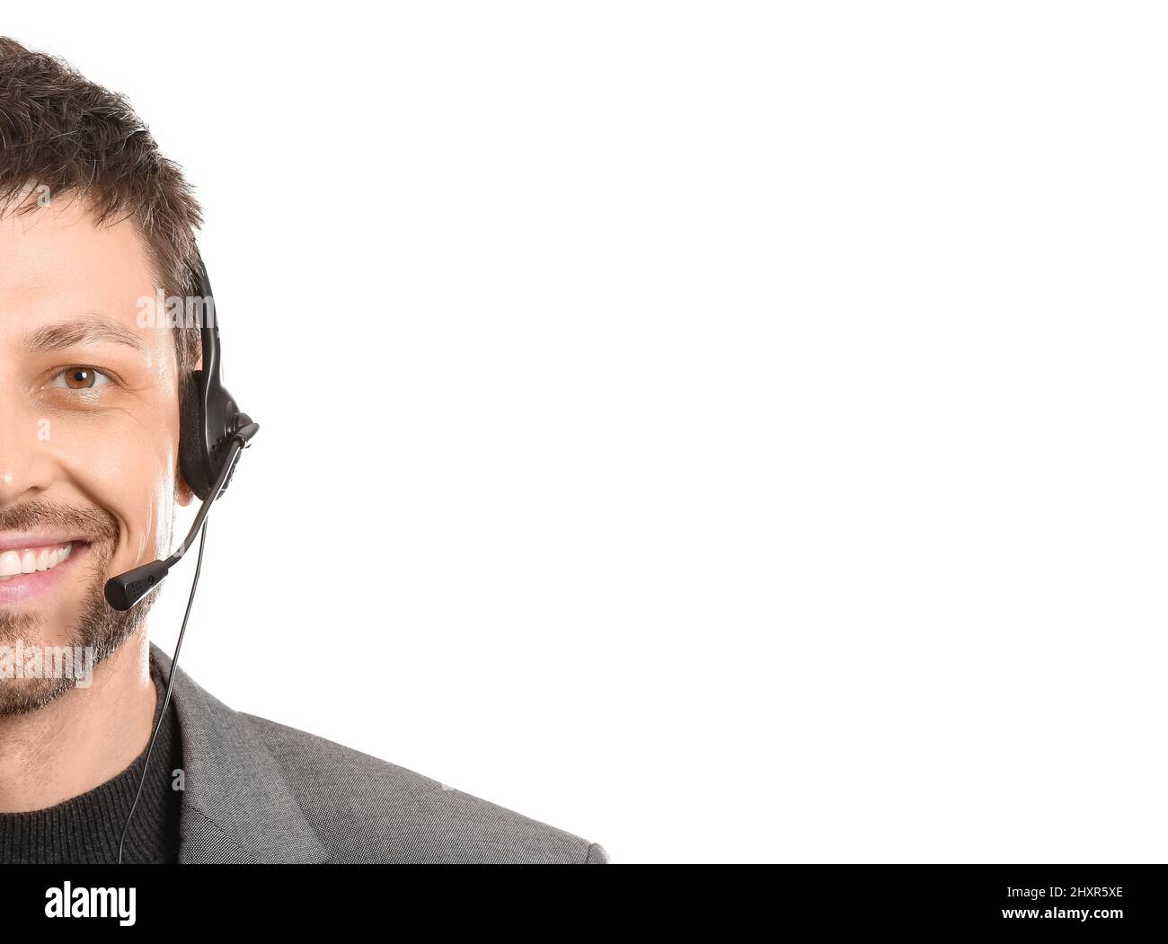 Smiling consultant of call center in headset on white background Stock ...