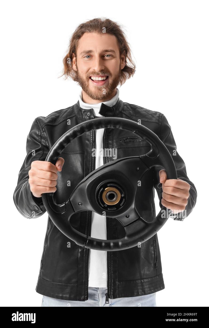 Handsome man with steering wheel isolated on white Stock Photo - Alamy